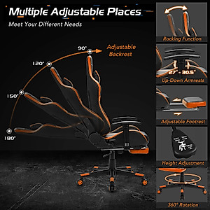 Goplus Gaming Chair, Massage Office Chair Computer Gaming Racing Chair, High Back PU Leather Adjustable Ergonomic Reclining PC Game Chair, Rolling Swivel Executive Chair with Footrest (Blue)