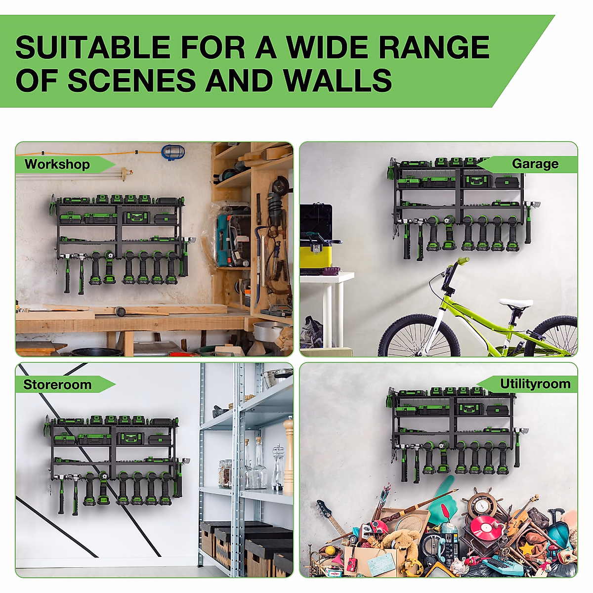 Sixfivsevn Power Tool Organizer, 8 Drill Holder Wall Mount, 4 Layers Garage Tool Organizers and Storage Rack, Heavy Duty Metal Tool Shelf with Hooks/Screwdriver Holder/Plier Holder/Hammer Holder