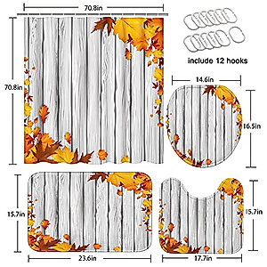 ArtSocket 4 Pcs Shower Curtain Set Autumn Orange Fallen Maple Leaves Fall on The Wood with Non-Slip Rugs Toilet Lid Cover and Bath Mat Bathroom Decor Set 72" x 72"
