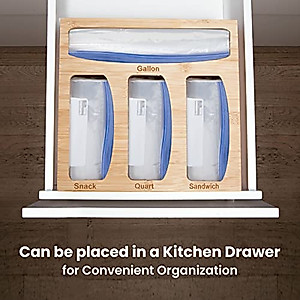 Bamboo Ziplock Bag Storage Organizer for Drawer and Wall-Mount; Gallon, Quart, Sandwich and Snack Plastic Bag Organizer; 4 Compartment Kitchen Drawer Organization and Storage for Baggies