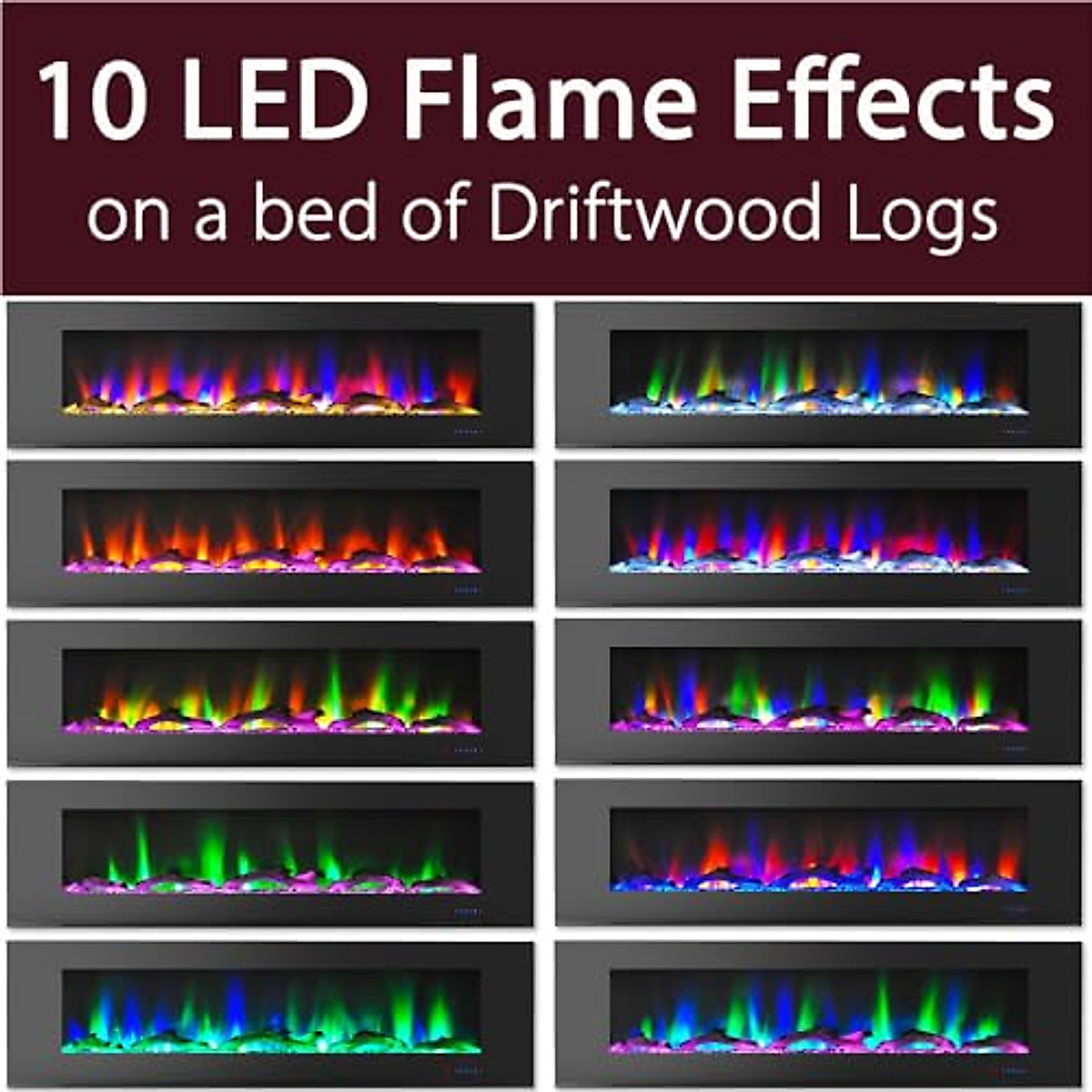 Cambridge 72 Inch Wall Mount Electric Fireplace Heater with Remote Control, Multicolor Flames, and Driftwood Log Display for Indoor Use in Living Room, Bedroom, Home Office, Black