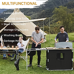 KingCamp Camping Kitchen Table with Windscreen, Camping Sink, Folding Side Table, Storage Organizer Portable Folding Camping Table Outdoor Kitchen Station for Camp BBQ Picnic Backyard