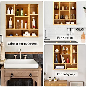 HOMBOUR Bathroom Wall Mounted Cabinet, Over The Toilet Space Saver Storage Cabinet, 3-Tier Bamboo Medicine Cabinet with Door and Shelves for Bathroom, Kitchen, Living Room