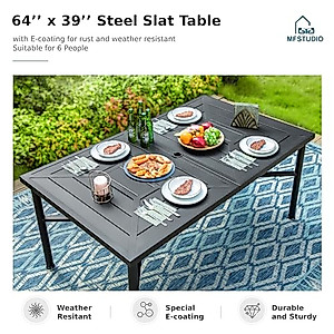MFSTUDIO 7 Pieces Outdoor Patio Dining Set for 6, Steel Frame Slat Larger Rectangular Fretwork Table with 1.7" Umbrella Hole and 6 Metal Mesh Chairs for Backyard, Garden, Lawn