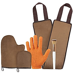 Luxspire 5 Piece Self Tanning Mitt Applicator Kit, Soft Tanner Mitt Set with Exfoliating Glove, Back Lotion Applicator, Face Makeup Brush, Mini Finger Face Self Tanner Mitt for Lotions, Mousses,Creams