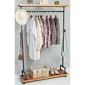 BIXIRAO Industrial Pipe Clothing Rack on Wheels, Rolling Iron Garment Racks with Wood Shelves, Commercial Heavy Duty Clothing Racks, Steampunk Clothes Rack Retail (Two Tiers 002)