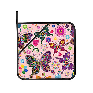 Colorful Butterflies Oven Mitts and Pot Holders Sets,Non-Slip Heat Resistant Oven Gloves for Grilling Baking Cooking Kitchen Housewarming Gift