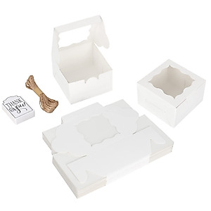 KPOSIYA 60 Pcs White Bakery Boxes with Window 4x4x2.5 Inches Cookie Boxes Kraft Paper White Gift Box for Pastries, Cookies, Pie, Donuts, Macaron, Small Box with Twine and Thank You Tag(White,60)