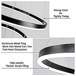 Viruhaka Dimmable LED Pendant Light Dining Room 50W LED Modern Chandelier Black Living Room 2 Ring Pendant Lighting Entryway with 59in Cord Adjustable,6000K Daylight