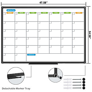 JILoffice Dry Erase Calendar Whiteboard 48 X 36 Inch - Magnetic White Board Calendar Monthly, Black Aluminum Frame Wall Mounted Board for Office Home and School