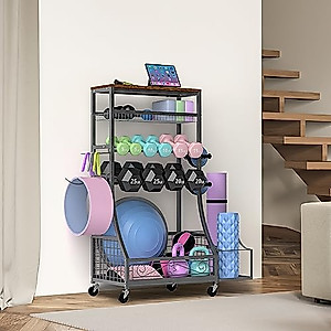 Yoga Mat Storage Rack - Home Gym Storage Rack, Workout Equipment Storage Rack for Dumbbells Yoga Mats Foam Rollers Kettlebells, Weight Rack with Hooks and Wheels