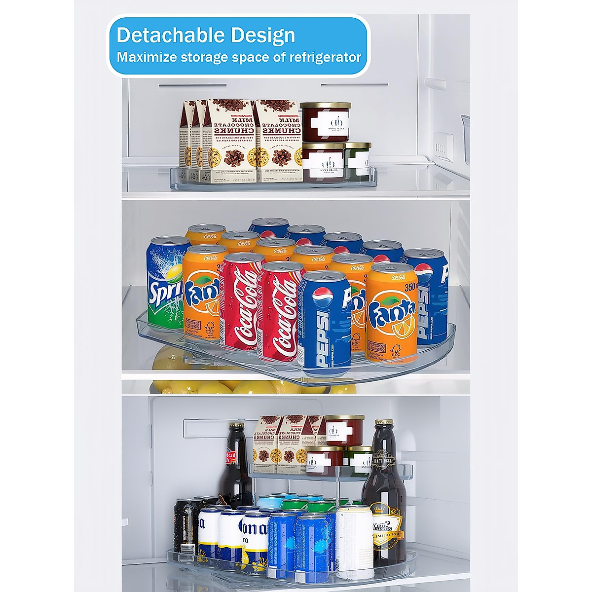 Lazy Susan Turntable Organizer for Refrigerator 2 Tier, Large 16.53'' Clear Rectangular Fridge Organizer Storage, Square Lazy Susan for Cabinet, Table, Pantry, Kitchen, Countertop