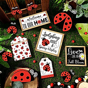 20 Pcs Ladybug Tiered Tray Decorations Spring Summer Ladybug Wooden Blocks Sign Ladybug Table Top Decor Red Farmhouse Ladybird for Home Kitchen Shelf Display Holiday Housewarming
