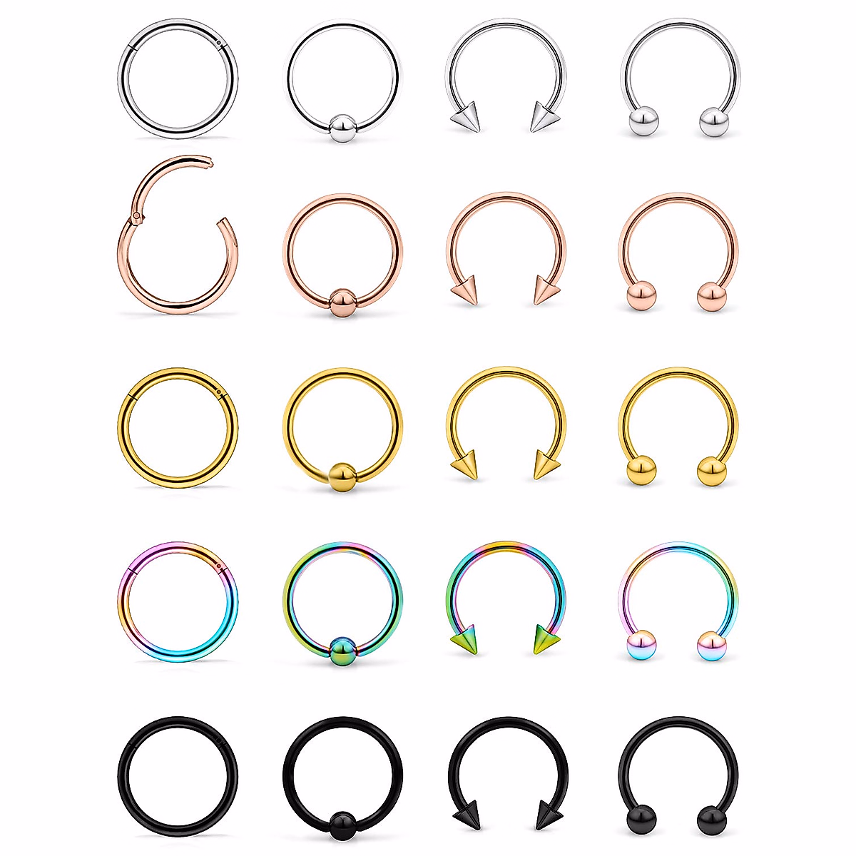 Lcolyoli 20Pcs 16G Surgical Steel Septum Piercing Nose Hoop Clicker Ring Lip Labret Conch Helix Cartilage Earring Hoop Jewelry for Women Men Horseshoe Silver-tone Black Rainbow 10mm 3/8inch