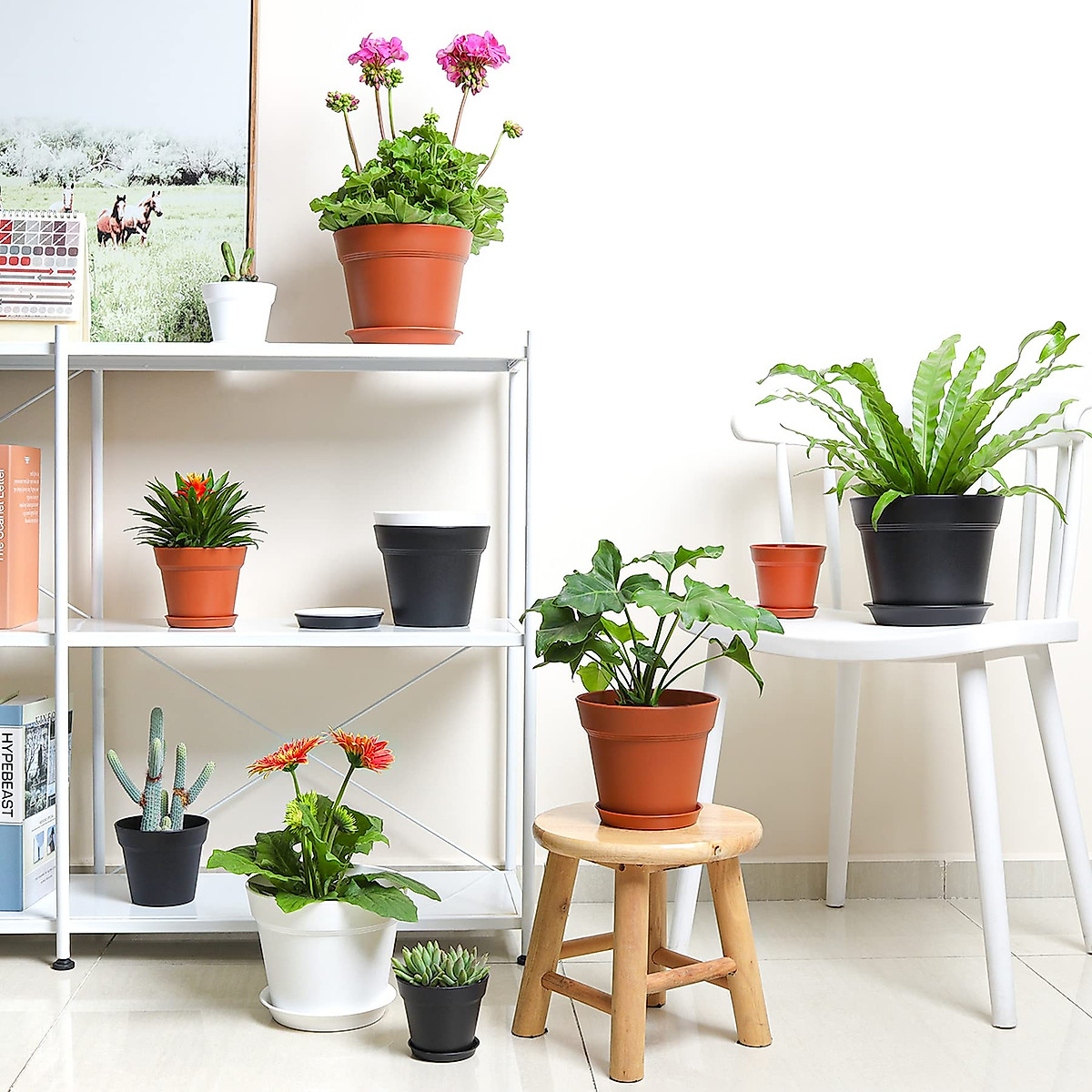 T4U 4 Inch Plant Pots 18-Pack - Small Plastic Planter with Drainage Hole and Saucer, Decorative Nursery Flower Pot Bulk for African Violet, Snake Plant, Succulent and All House Plants Indoor