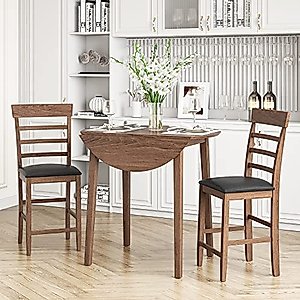 Voohek, Walnut 3-Piece Dining Set w/Drop-Leaf, 2 Upholstered Chairs,Counter Height Furniture, with PU Leather Cushion for Kitchen, Small Space, Bar