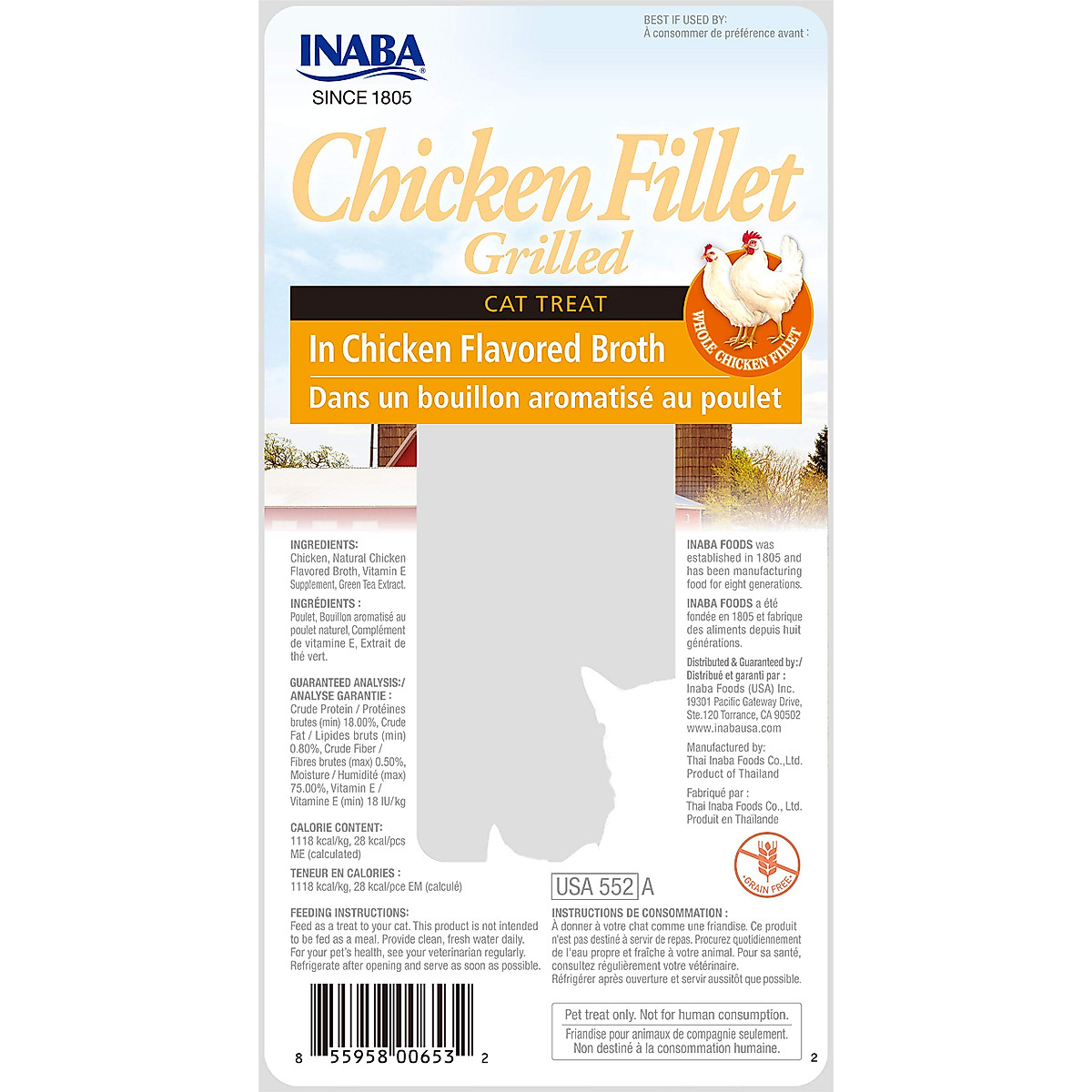 INABA Natural, Premium Hand-Cut Grilled Chicken Fillet Cat Treats/Topper/Complement with Vitamin E and Green Tea Extract, 0.9 Ounces Each, Pack of 6, Chicken Broth