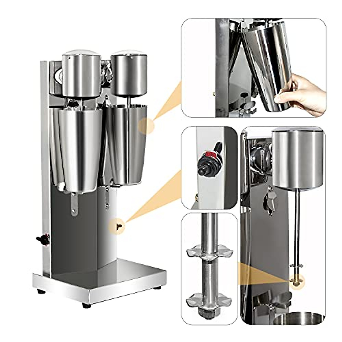 Milkshake Maker Machine Commercial Milk Shake Maker Mixer, Milkshake Machine Electric Drink Mixer, Double Head Milkshake Blender Stainless Steel Two-Speed 110V 180W