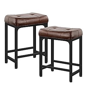Aheaplus Bar Stools Set of 2, 24 Inch Counter-Height Stools Saddle Stool, PU Leather Barstools with Metal Base, Footrest, Industrial Stools for Dining Room Kitchen Island, Counter, Pub, Bar, Brown