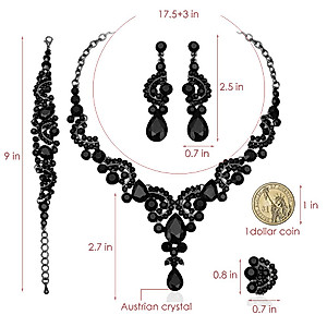 CSY 4 Pcs/Sets Vintage Necklace Earrings Bracelet Ring Retro Bridal Wedding Costume Jewelry Sets for Brides Women Gifts (Black Crystal)