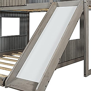 Harper & Bright Designs House Bunk Beds with Slide, Wood Twin Over Full Bunk Beds with Roof and Guard Rail for Kids, Toddlers, No Box Spring Needed (Antique Gray, Twin Loft Bed with Slide)
