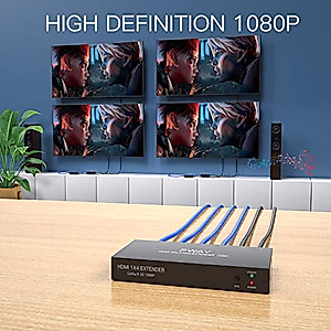 PWAY HDMI Extender Splitter 1x4 Port 1080P Signals Over Cat5e/Cat6 Ethernet Cable Up to 50m/165ft No delay Audio Video 1 in 4 Out for Camera, Laptop, Monitor, TV