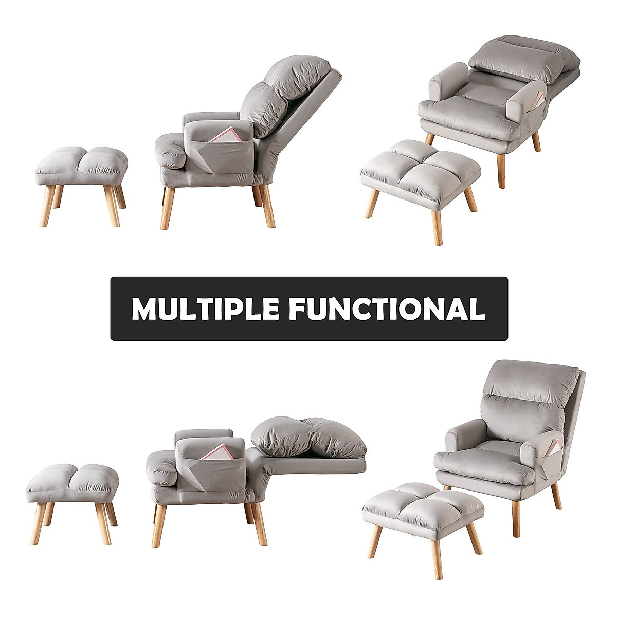 CANMOV Modern Accent Chair with Ottoman, Soft Fabric Armchair with Adjustable Backrest and Side Pockets, Comfy Lounge Chair for Living Room, Bedroom, Apartment, Office, Grey