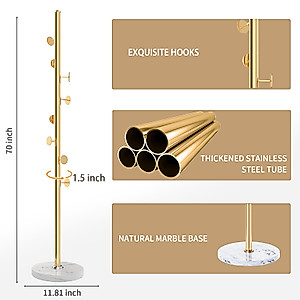LOZABEE Modern Metal Coat Rack Stand with Natural Marble Base, Heavy Duty Coat Rack Freestanding with 8 Hooks, Golden Standing Coat Racks Hall Tree Stand for Bag, Jacket, Entryway Office