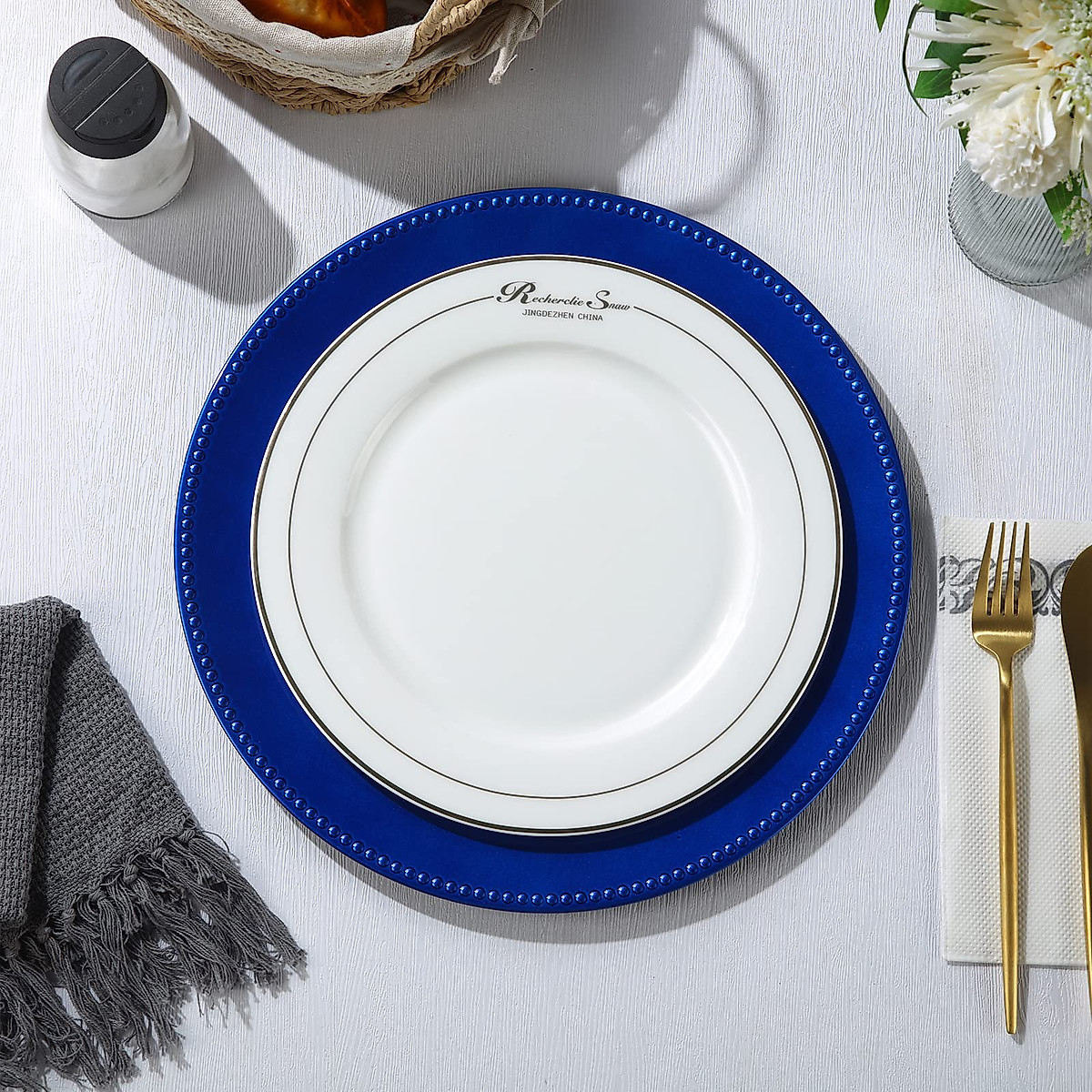 Gerrii 12 Pcs Metallic Bead Charger Plates 13 Inch Plastic Round Charger Plates Bulk Wedding Beaded Chargers for Dinner Plates, Table Party Event Decoration (Navy Blue)