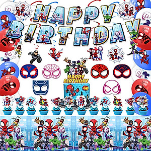 Spidey Party Supplies Set Include Banner, Balloons, Hanging Swirls,Cake Topper, Cupcake Toppers, Masks and Tablecloth For Party