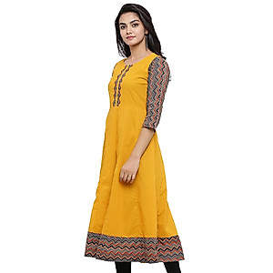 Yash Gallery Indian Cotton Geometric Print Anarkali Kurtis for Women (Mustard Yellow)