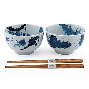 Ebros Gift Made In Japan Blue Splash Paint Abstract Art Design Porcelain Bowls With Bamboo Chopsticks Set Of 2 For Salad Ramen Pho Soup Cereal Home Kitchen Decorative Japanese Artistic Bowl