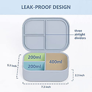 AirTaxiing Silicone Bento Box Lunch Box Microwave Freezer and Dishwasher Safe Food Container with Compartments BPA-Free Leak-Proof Drop-Proof Bento Box (Gray)