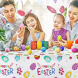 Easter Tablecloth Plastic Easter Egg Bunny Table Cover Colorful Egg with Happy Easter Bunny Tablecloth for Easter Spring Flower Themed Party Kitchen Dining Room Home Decor, 54 x 108 Inch (3)