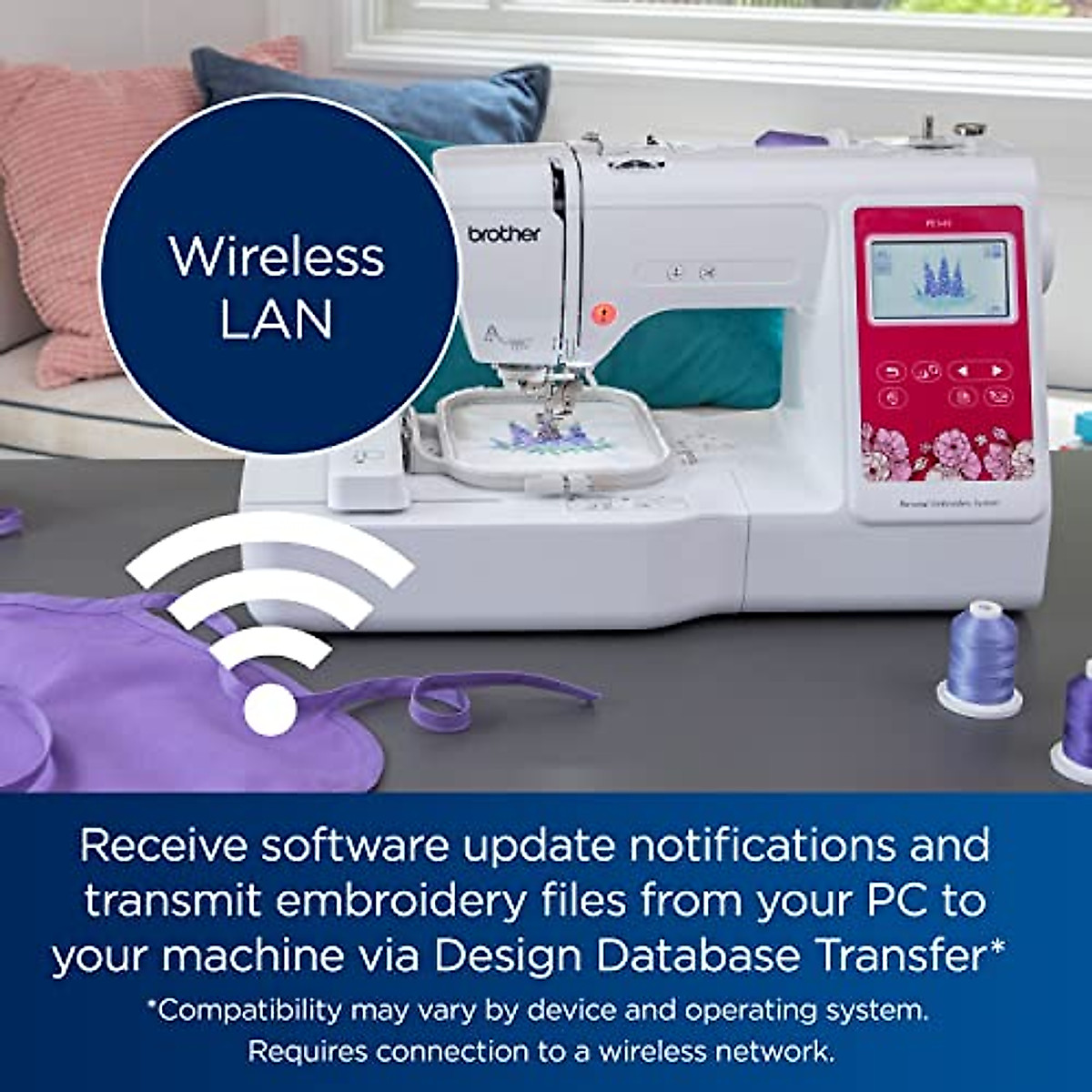 Brother PE545 Embroidery Machine, Wireless LAN Connected, 135 Built-in Designs, 4" x 4" Hoop Area, Large 3.7" LCD Touchscreen, USB Port, 10 Font Styles