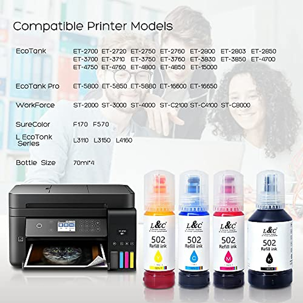 502 Ink Bottles Refill T502 Ink L&C Compatible Refill Ink Bottles Replacement 502 T502 Ink for Epson Printers