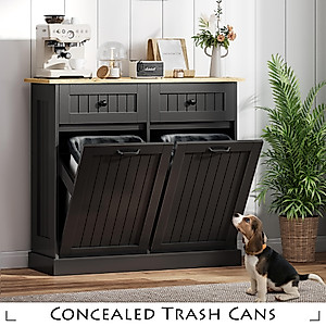 HTK Double Tilt Out Trash Cabinet – Farmhouse Style Hidden Trash Bin with 2 Drawers, Tilt Out Kitchen Trash Can Cabinet for Pantry and Laundry Room, Fits Two 10-Gallon Bins (Black)
