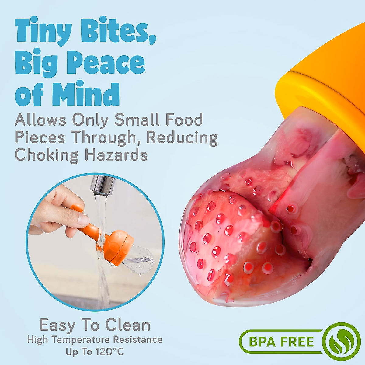 Baby Fruit Feeder, Teething Pacifier for Fruits, Veggies, or Frozen Milk, Food-Grade Silicone Teethers for Babies 6-12 Months, Baby Essentials for Teething Relief - Mango Orange and Berry Blue