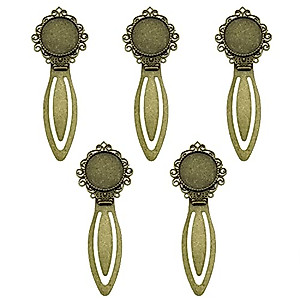 HJGarden 5PCS Retro Round Cabochons Bookmarker Blank Bases Trays Bookmark Pendant Trays Round Metal Gem Bookmark Cabochon for DIY Jewelry Making and Book Marker Making, Bronze