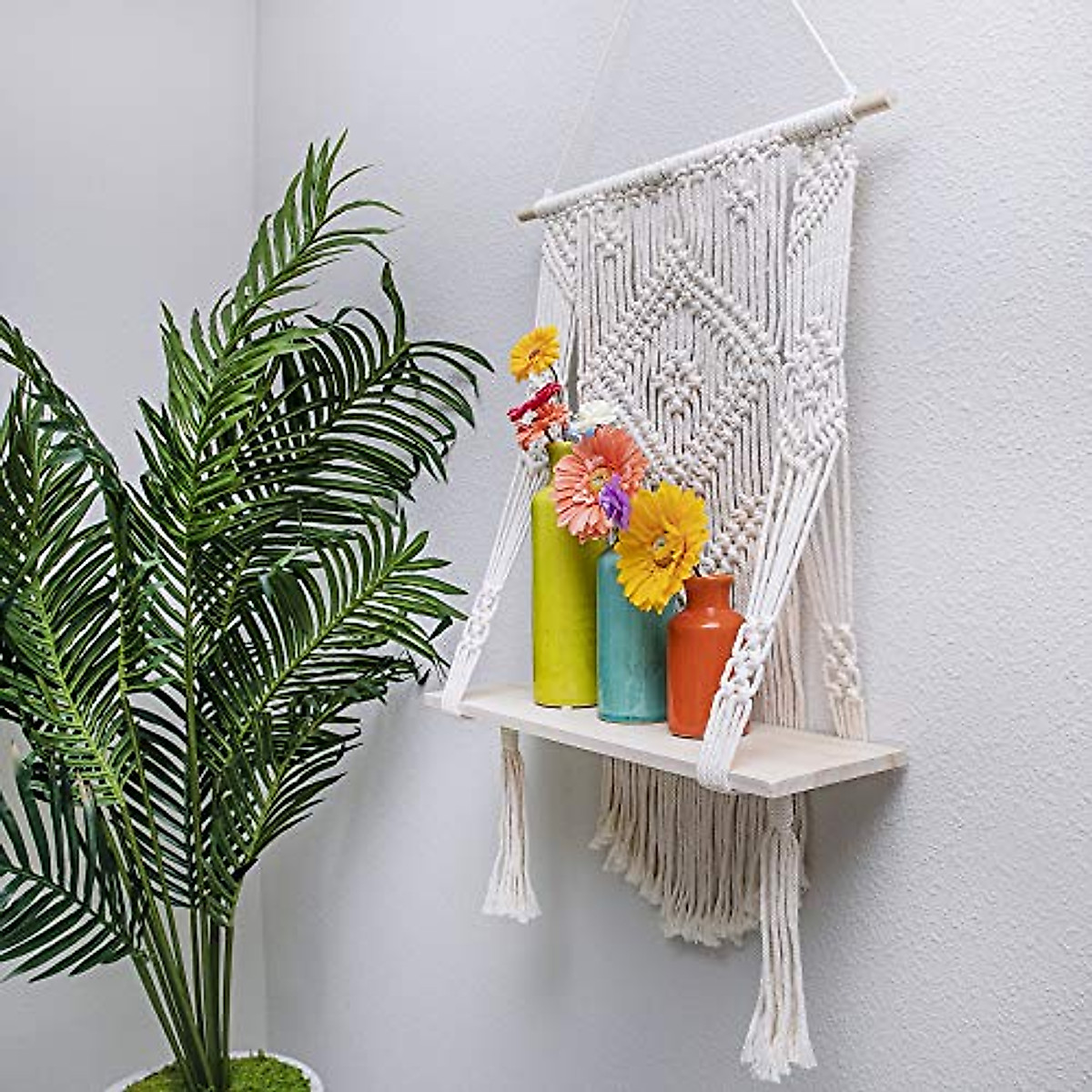 Qmercan Macrame Wall Hanging Shelf - Boho Indoor Hanging Shelves for Wall - Decorative Bohemian Floating Plants Organizer, Handmade Macrame Wooden Rope Woven Shelf for Indoor