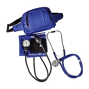 MABIS MatchMates Aneroid Sphygmomanometer Manual Blood Pressure Monitor Fanny Pack Kit with Calibrated Adult Nylon Arm Cuff and Sprague Rappaport Stethoscope, Professional Quality, Royal Blue
