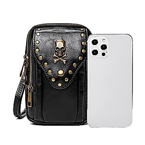 Punk Gothic Skull Carry Purse Women Handbag Single Shoulder Waist Bag Cell phone Wallet Steampunk Retro Women Travel Purse Motorcycle Bag Stud Rivet Fashion,Black,803,Small