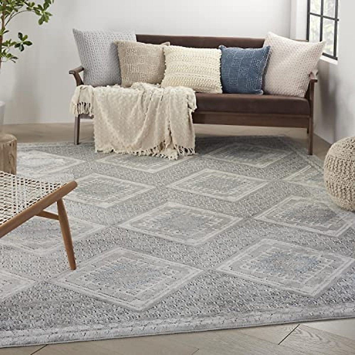 Nourison Concerto Vintage Grey/Ivory/Blue 6'7" x 9'6" Area -Rug, Easy -Cleaning, Non Shedding, Bed Room, Living Room, Dining Room, Kitchen (7x10)