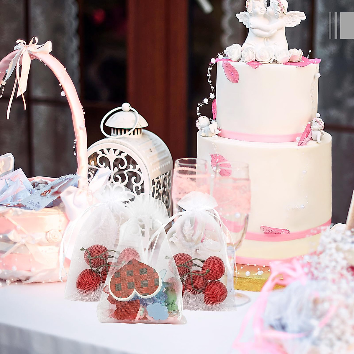 Organza Bags, Organza Bags 4x6, White Wedding Favor Bags, 50Pcs Mesh Bags Drawstring, Jewelry Gift Bags, Candy Pouches, Party Favor Bags Festival Makeup Birthday Halloween Christmas Wrapping Supplie