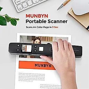 MUNBYN Portable Scanner, Photo Scanner for Documents Pictures Texts in 1050DPI, Flat Scanning, Included 16GB Card, Photo Scanner uses Built-in Wi-Fi or USB Uploads Images to PC or Cellphone, No Driver
