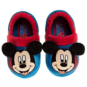 Disney Mickey Mouse Boys Slippers - Plush Lightweight Warm Comfort Soft Aline House Kids Shoes Slippers - Blue/Red (size 7-8 Toddler)