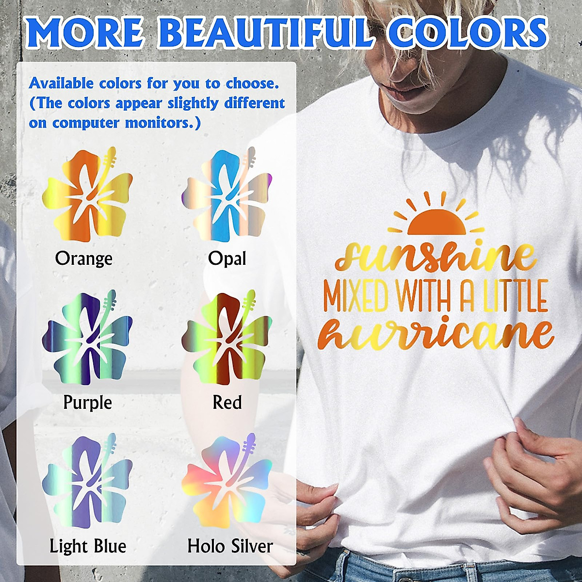 Holographic HTV Heat Transfer Vinyl HTV Vinyl Bundle – 12" x 20" 2 Sheets/Roll, 5 Rolls Easy to Cut & Weed Iron-On Vinyl for T-Shirts, DIY Projects 5 Colors Iron on Vinyl for Heat Press Machine