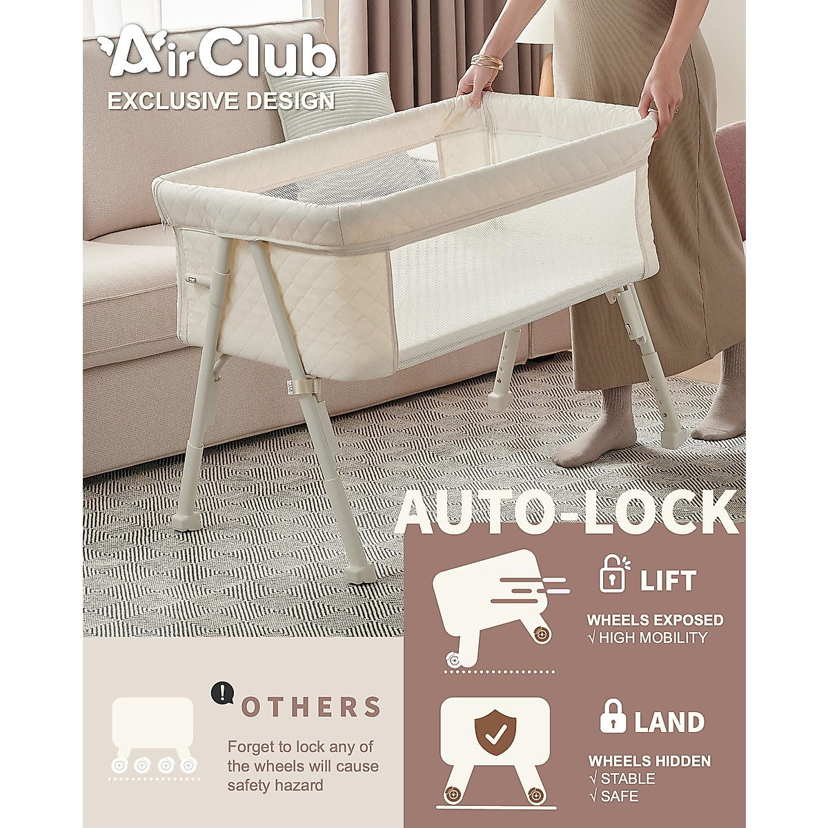 AirClub Bassinet Bedside Sleeper, Baby Crib for Newborn, Baby Bassinets Bedside Sleeper with 4 Auto-Lock & Adjustable Height, Breathable Mesh & Mattress, Bedside Bassinet