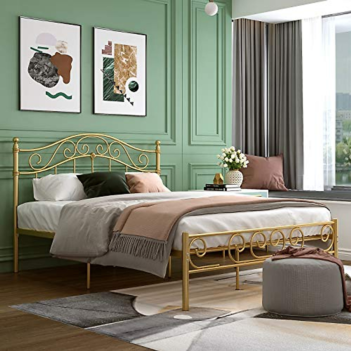 IOTXY King Metal Bed Frame - Gold 12 Inches Complete Bed Platform with Curved Tall Headboard and Shorted Footboard, King-Size Mattress Base Foundation, Garden Style