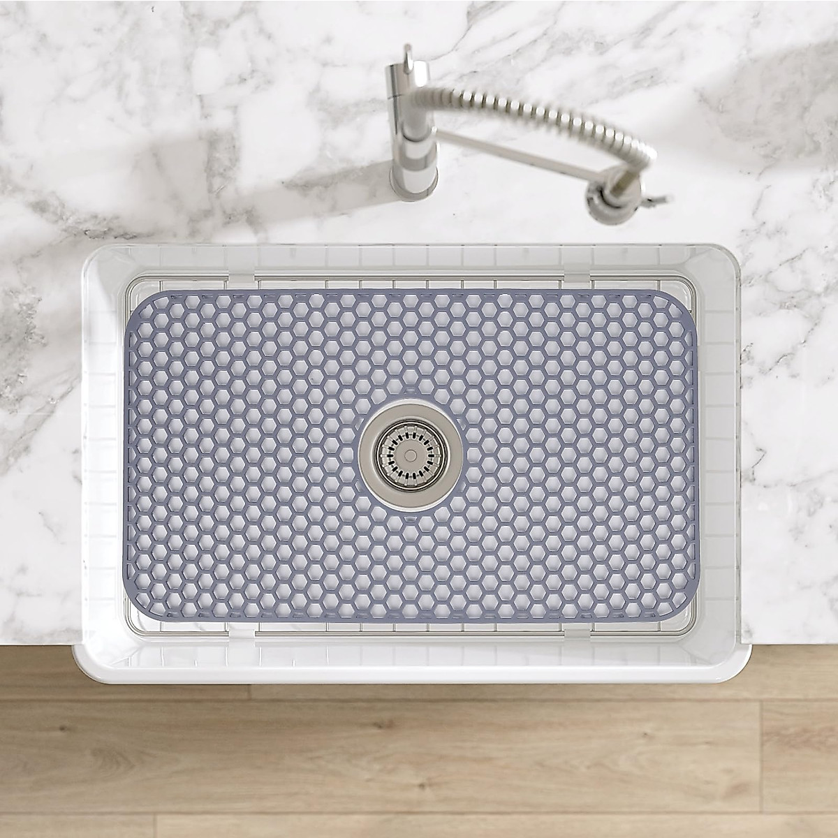 Bestjing Silicone Sink Mat - Protectors for Kitchen Sink with Center Drain, 26"x 14" Kitchen Sink Grid, Non-Slip Heat-Resistant Sink Mat for Bottom of Farmhouse Stainless Steel Sink (Center Hole)